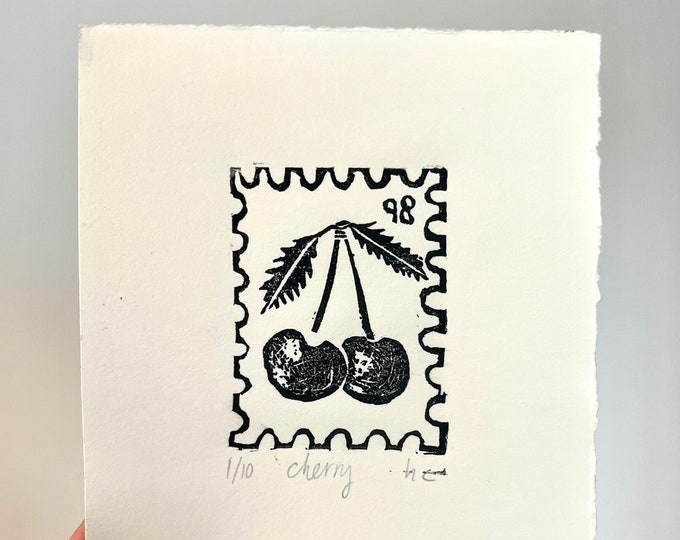 Cherry Art Print — Linocut Relief Block Print Fruit Art for Kitchen ...