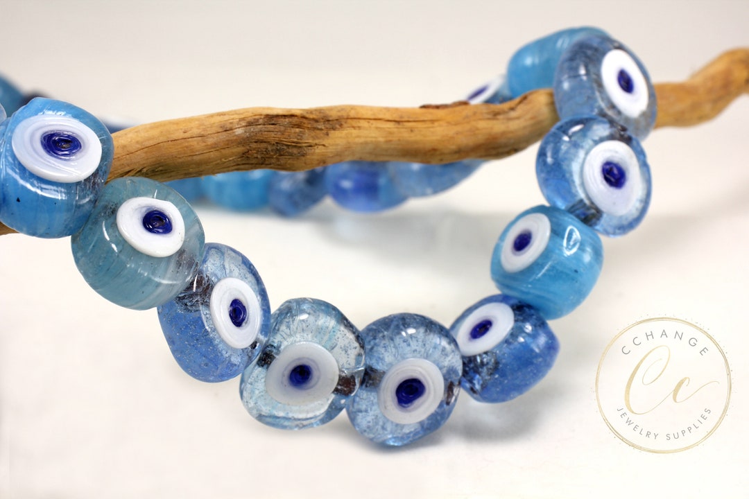 25mm Ice Blue Evil Eye Bead, Handmade Lampwork Glass Evil Eye Bead 5 ...