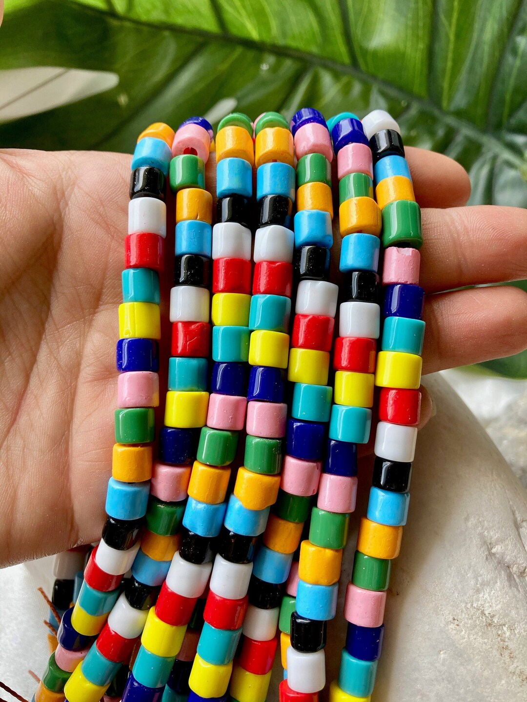 Mix of 10 Colours Glass Beads, 7mm Glass Tube Bead 1 Strand 50 Pcs ...