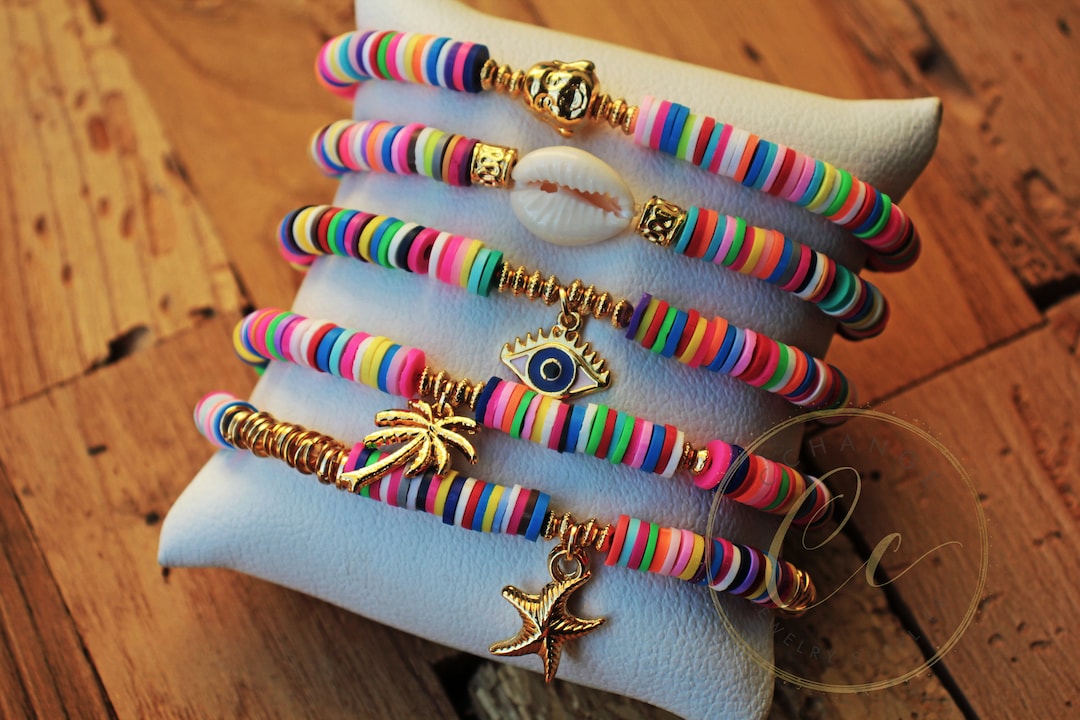 Elastic Heishi Bracelets, Shell Bracelet, Evil Eye Bracelet, Gold ...