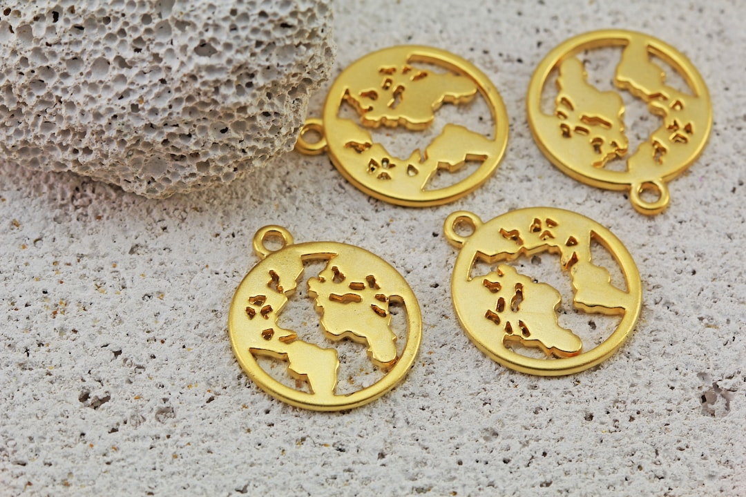 Gold Plated World Map Pendant, 21mm Metal World Globe Pendant 2 Pcs ...