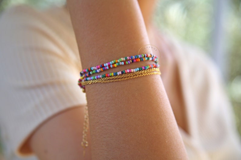 Multi Colored Seed Bead Bracelet With Gold Chain Multi Strand - Etsy