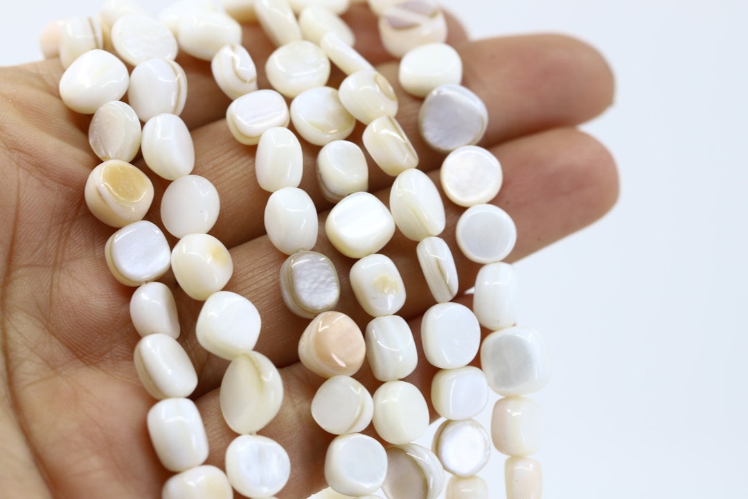 White Flat Round Asymmetric Shell Beads, 7-8mm Mother of Pearl Beads, 1 ...