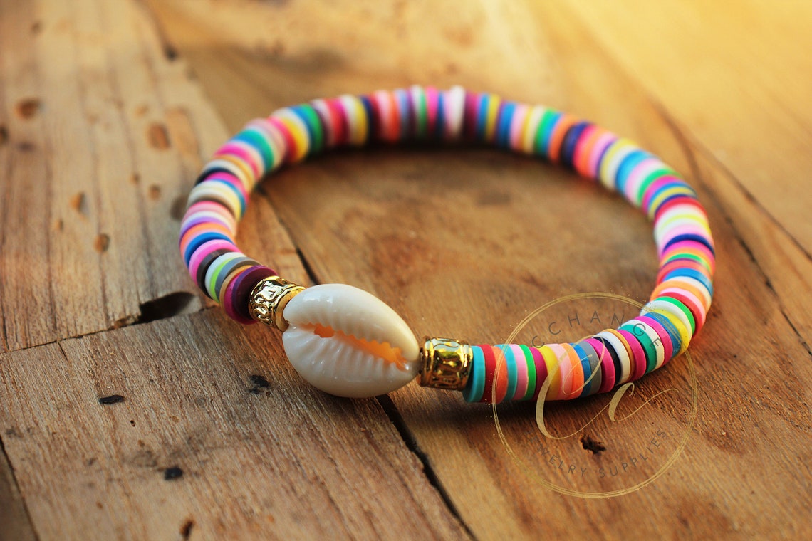 Elastic Heishi Bracelets, Shell Bracelet, Evil Eye Bracelet, Gold ...