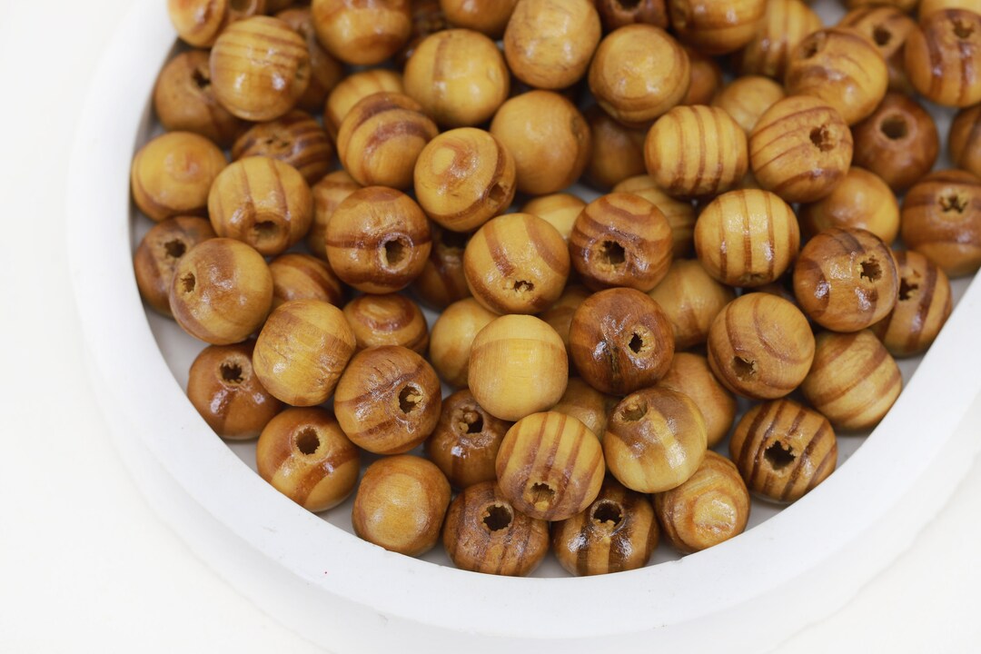 10mm Round Pinewood Beads, Natural Striped Wood Beads 50 Pcs / WBP-03 ...