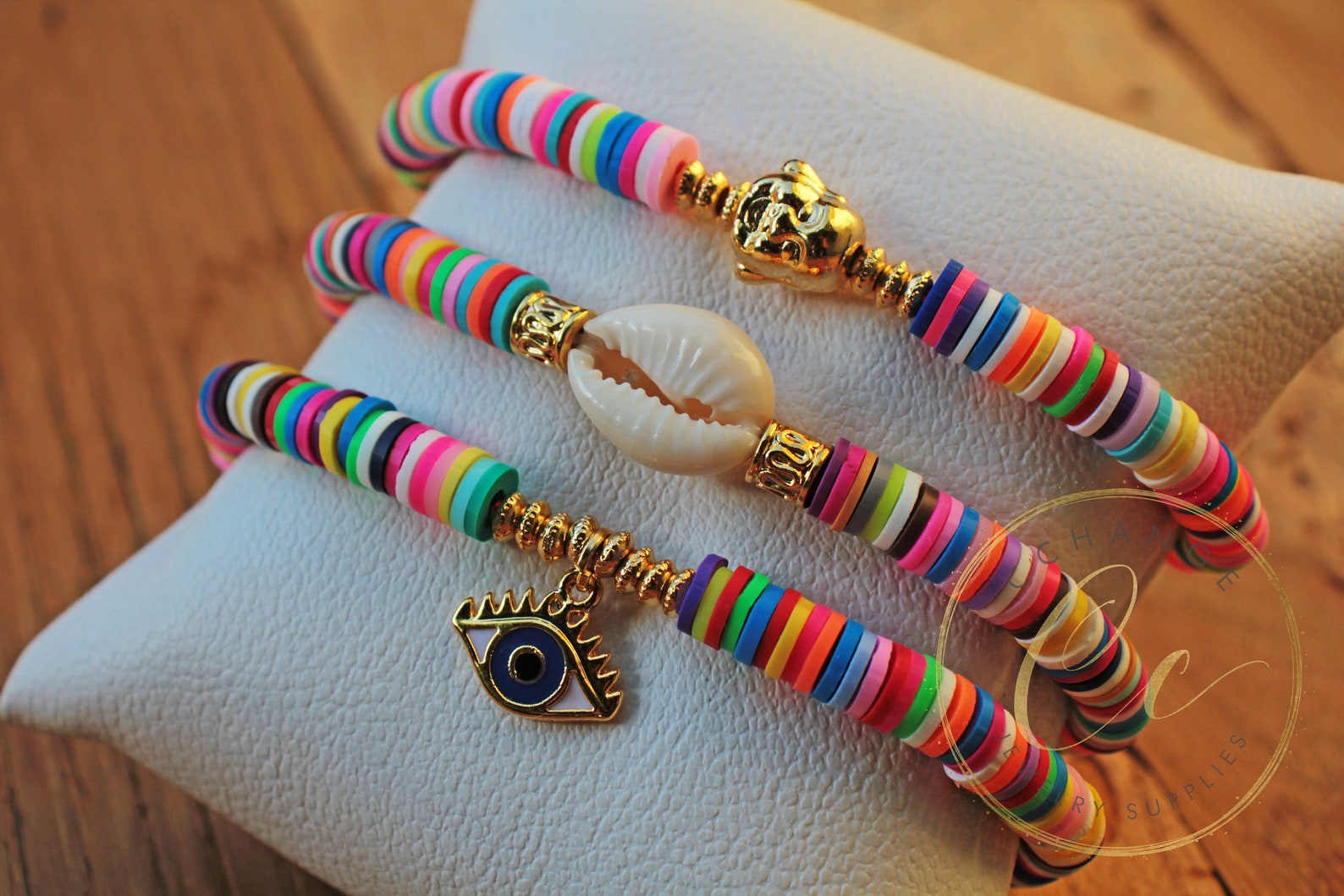 Elastic Heishi Bracelets, Shell Bracelet, Evil Eye Bracelet, Gold ...