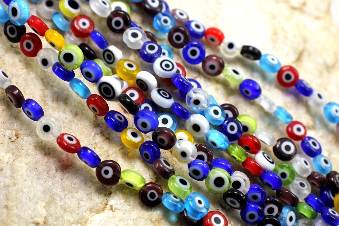 6mm Multicolour Glass Evil Eye Bead, Flat Round Evil Eye Charms / GBE06 ...