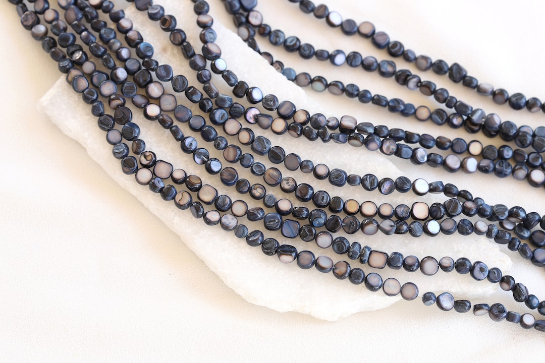 7mm Black Flat Round Shell Beads, Mother of Pearl Beads, 1 Strand 60 ...