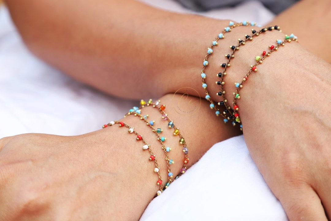 Dainty Beaded Chain Bracelet, Antique Brass Seed Bead Chain Bracelets ...