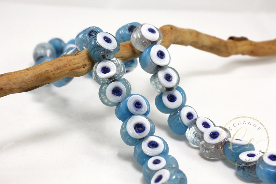 15mm Ice Blue Evil Eye Bead, Handmade Lampwork Glass Evil Eye Bead 5 ...