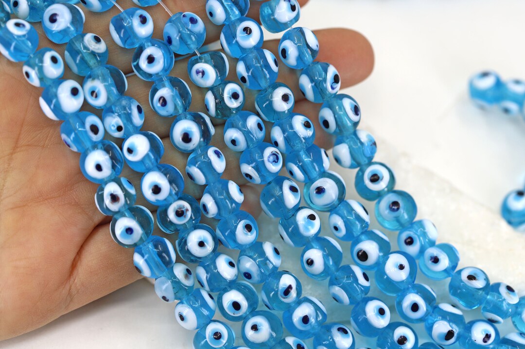 10mm Transparent Blue Round Evil Eye Beads, Lampwork Glass Round Ball ...