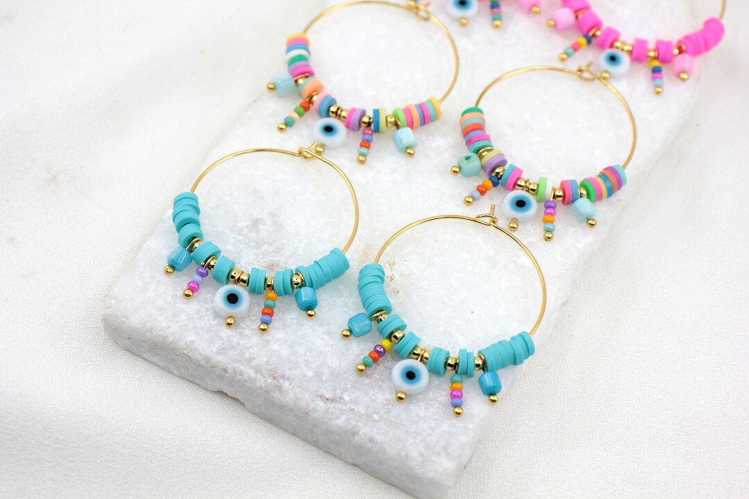 Colorful Heishi Beaded and Evil Eye Earrings, Gold Hoop Earrings ...