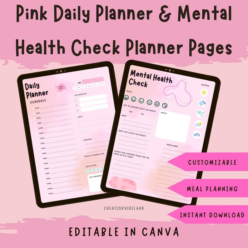Digital - Pink Daily Planner and Mental Health Check Planner Pages ...