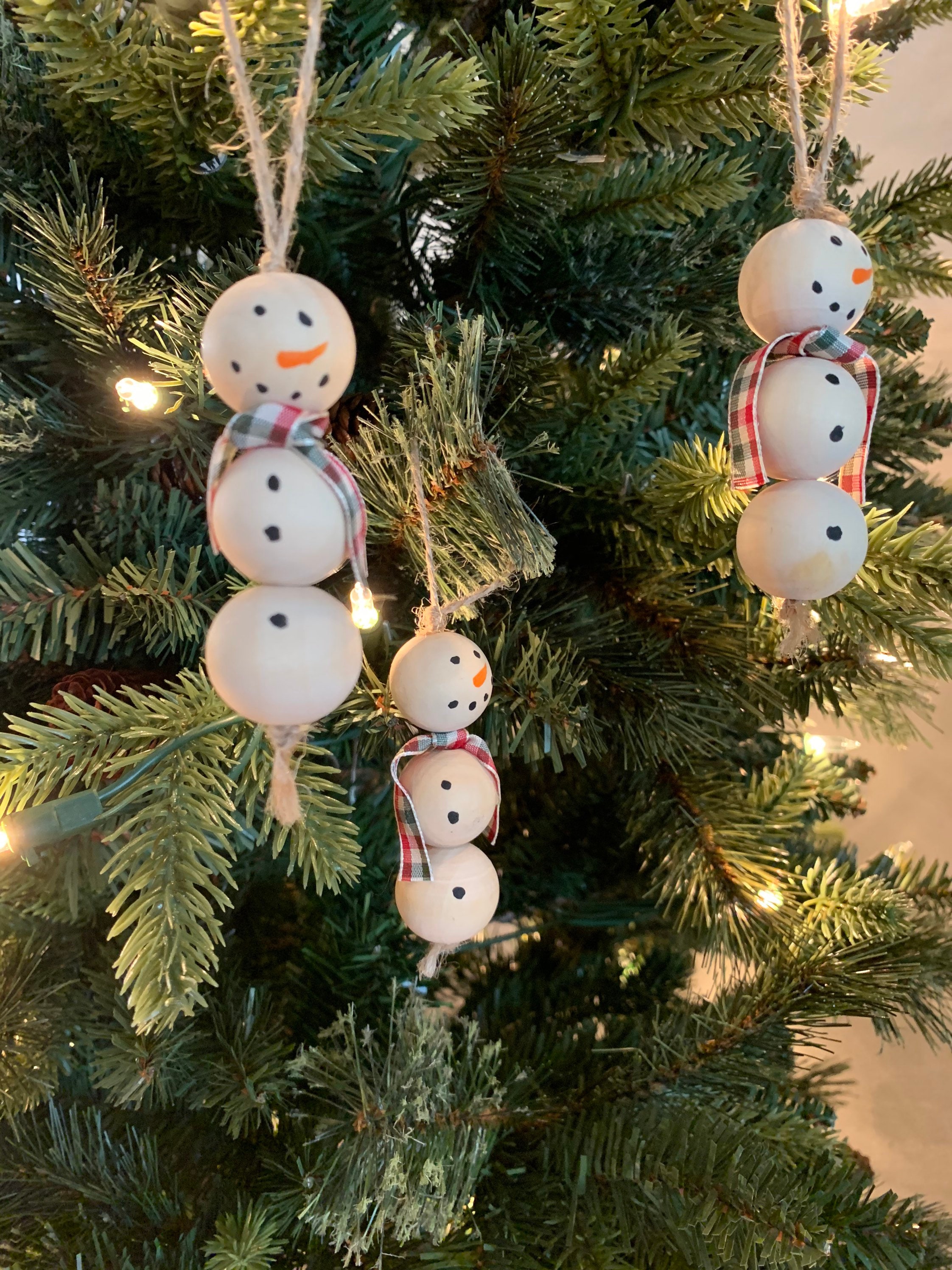 Wood Bead Snowman Ornaments Set of 3 Farmhouse Tree Decor Wooden Bead ...