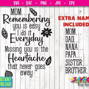 Mom Remembering You is Easy I Do It Every Day Missing You is the Heartache SVG Cut File Memorial ...