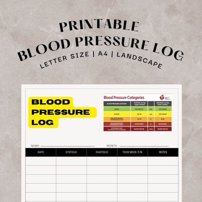 Printable Blood Pressure Log | Health Tracker | Hypertension Journal ...