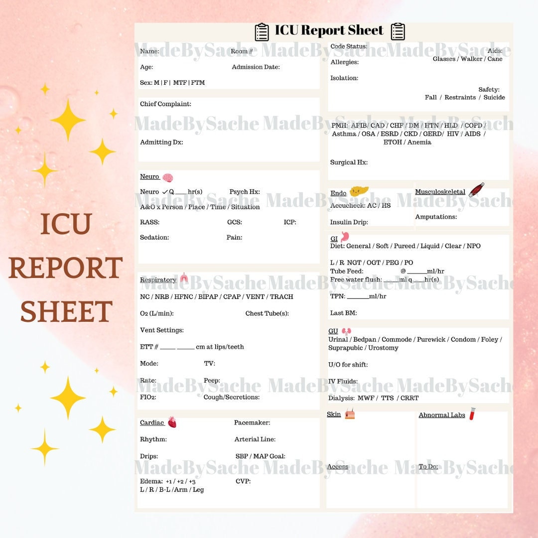 ICU Nurse Report Sheet: Critical Care Handoff (printable Digital ...