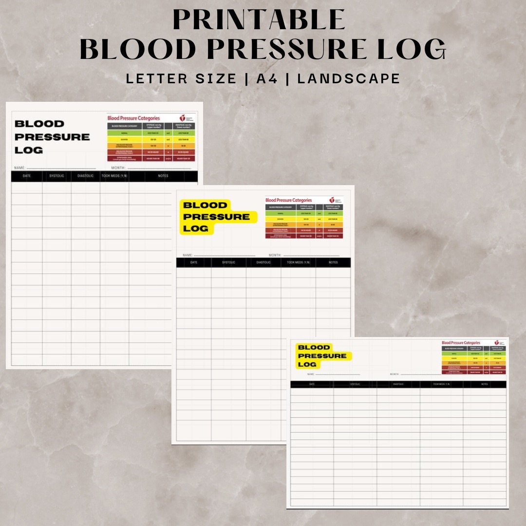 Printable Blood Pressure Log | Health Tracker | Hypertension Journal ...