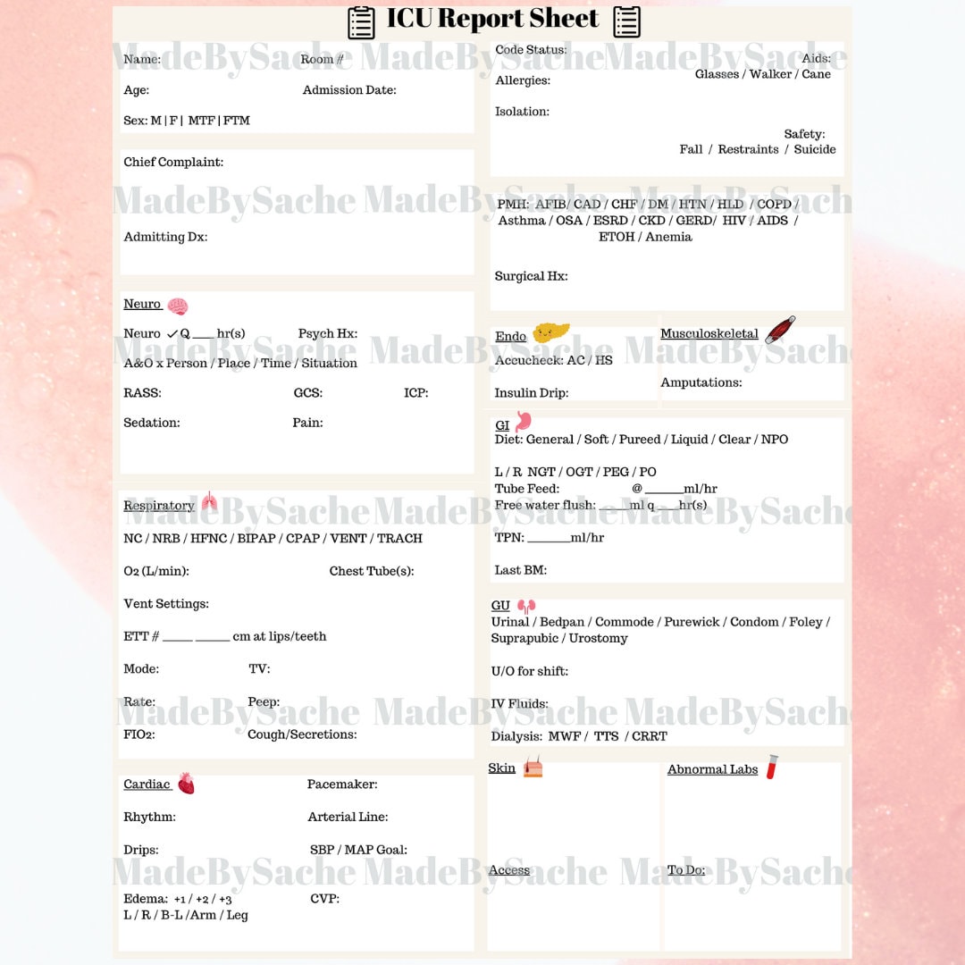 ICU Nurse Report Sheet: Critical Care Handoff (printable Digital ...