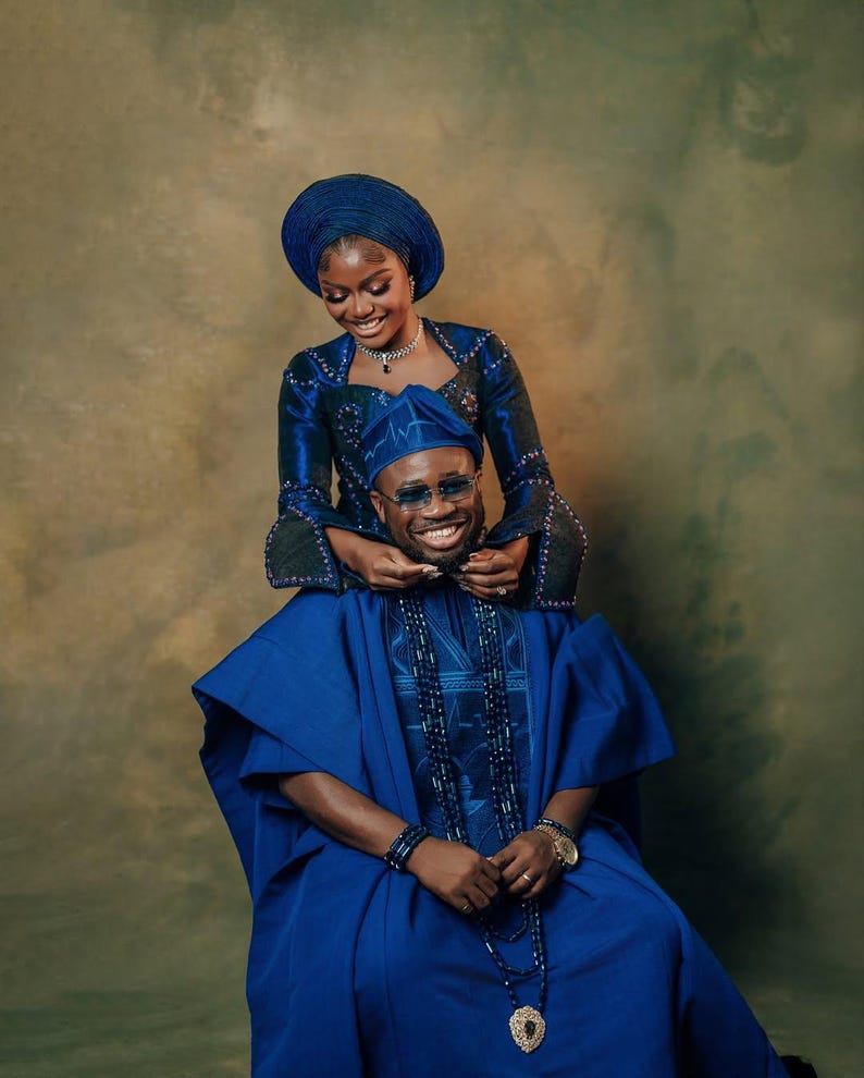 Yoruba Traditional Couple Outfit – Blue Agbada & Gele Set, Nigerian ...