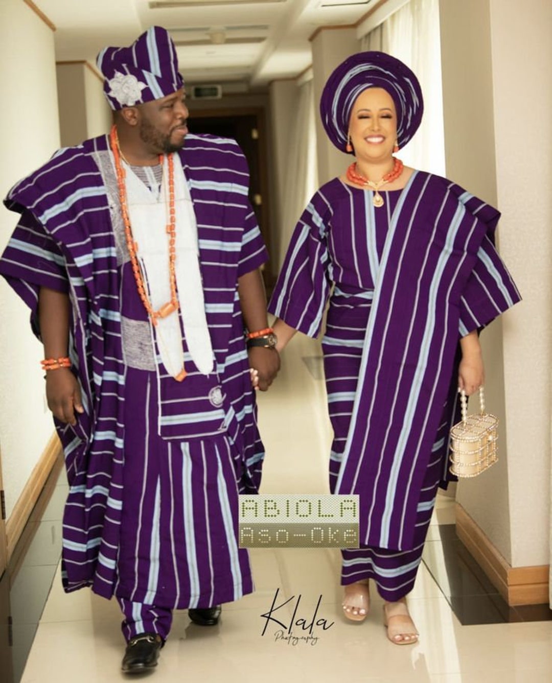 Couples African Traditional Aso Oke Set Purple White Couples Aso Oke