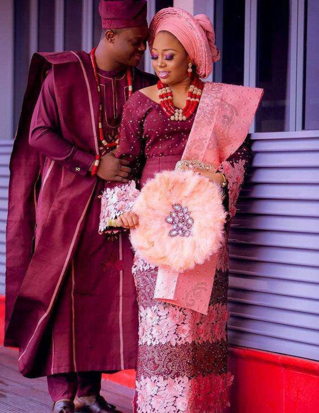 African Traditional,complete Aso-oke Set. Burgundy and Pink Couples Aso ...