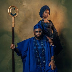 Yoruba Traditional Couple Outfit – Blue Agbada & Gele Set, Nigerian ...