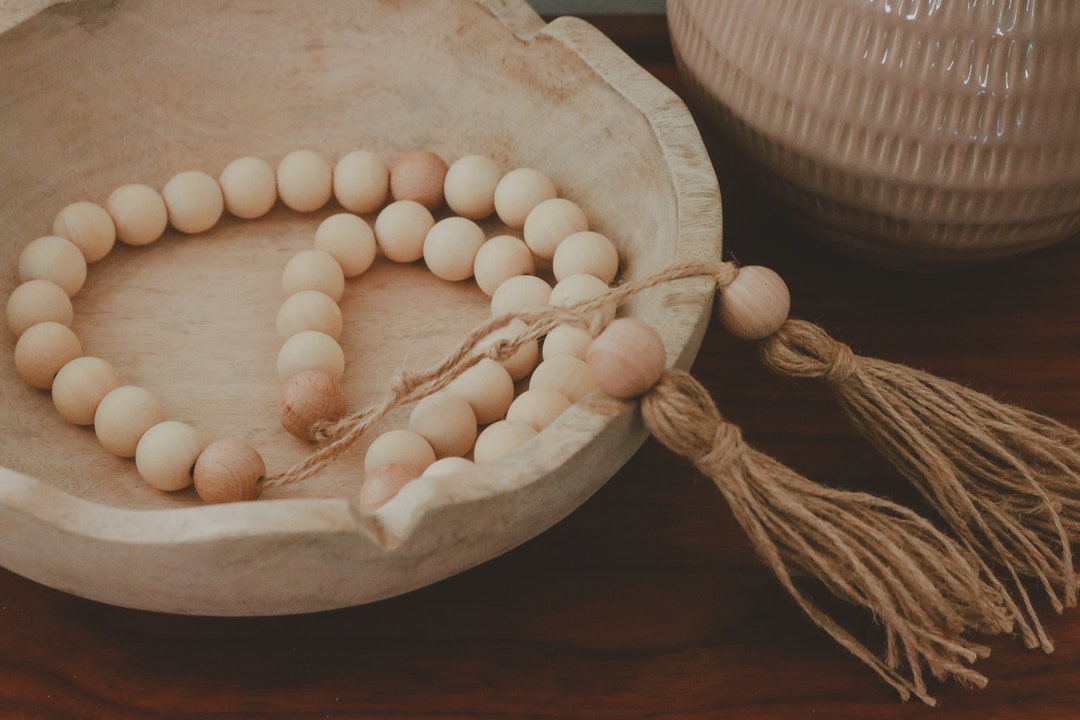 Chunky Natural Wood Bead Garland With String Tassels - Etsy