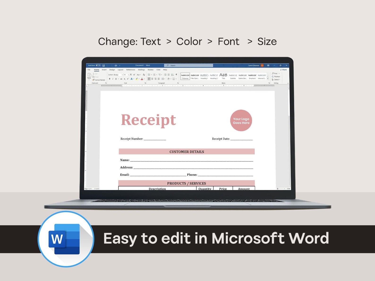 Editable Receipt Template Digital & Printable Small Business Customer ...