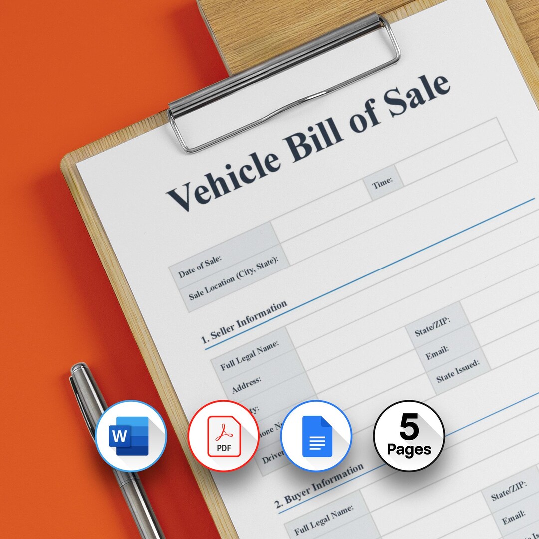 Motor Vehicle Bill of Sale Contract, Editable Agreement Template ...