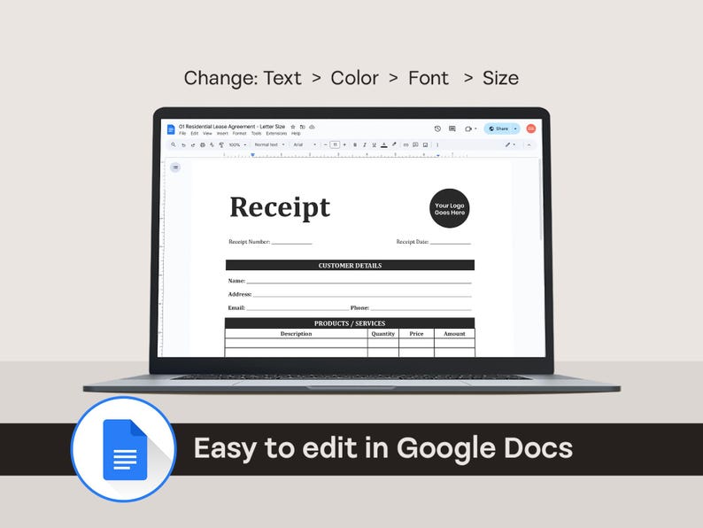 Editable Receipt Template Digital & Printable Small Business Customer ...