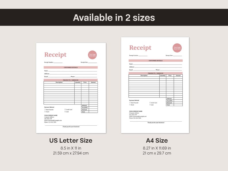 Editable Receipt Template Digital & Printable Small Business Customer ...