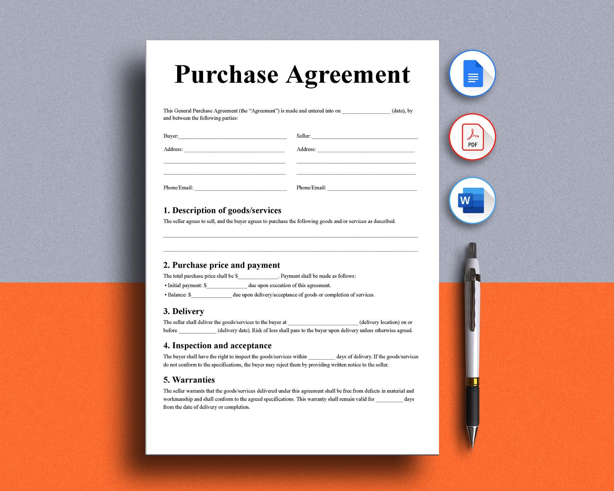Editable Purchase Agreement Template – Printable Sales Contract (PDF ...