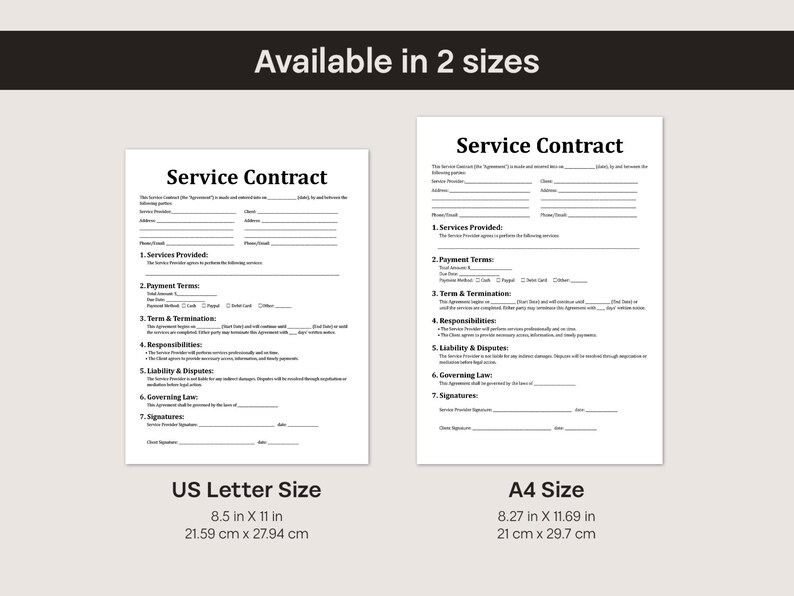 Service Contract Agreement Form, Custom Editable Paperwork Template ...