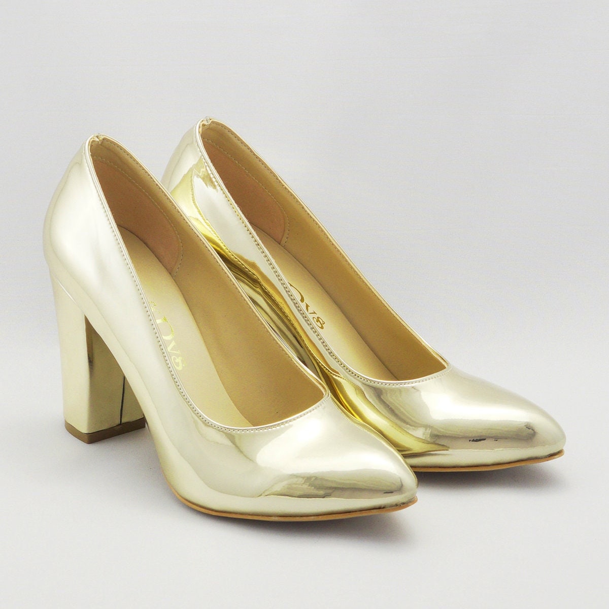 GOLD METALLIC BLOCK Heel Shoes, Party Dance Shoes, Bridal Thick Heel ...