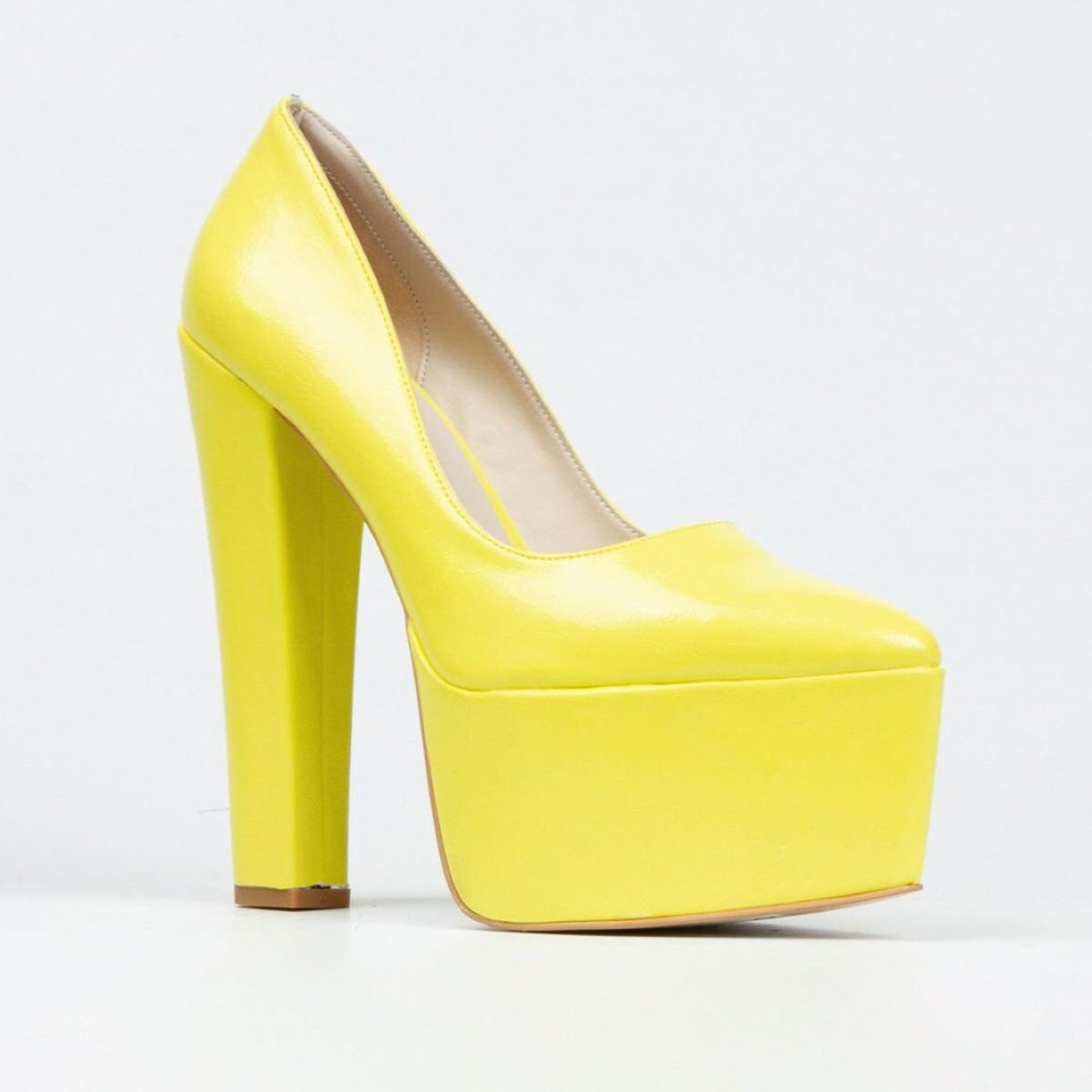 YELLOW PLATFORM SHOES, Block Heel, Party Dance Shoes, Handmade Yellow ...