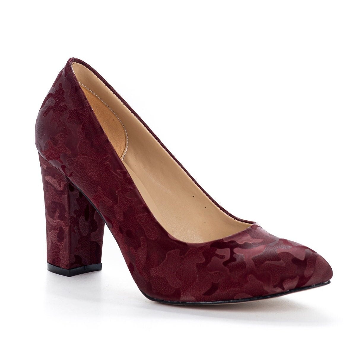 BURGUNDY WEDDING BLOCK Heel Shoes, Bridal Thick Heel, Handmade Burgundy ...