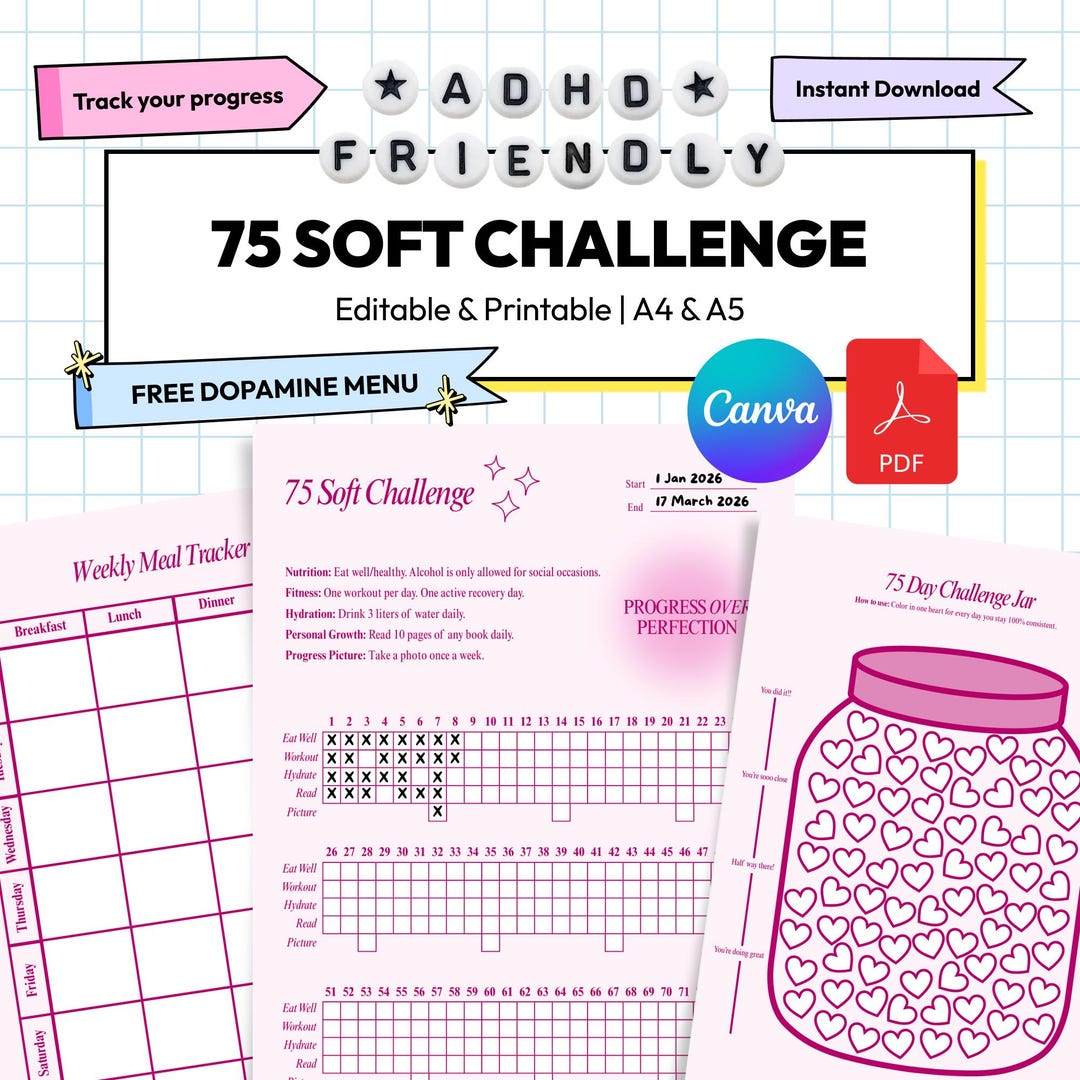 75 Soft Challenge Bundle | ADHD Daily Planner Printable | Dopamine Menu ...