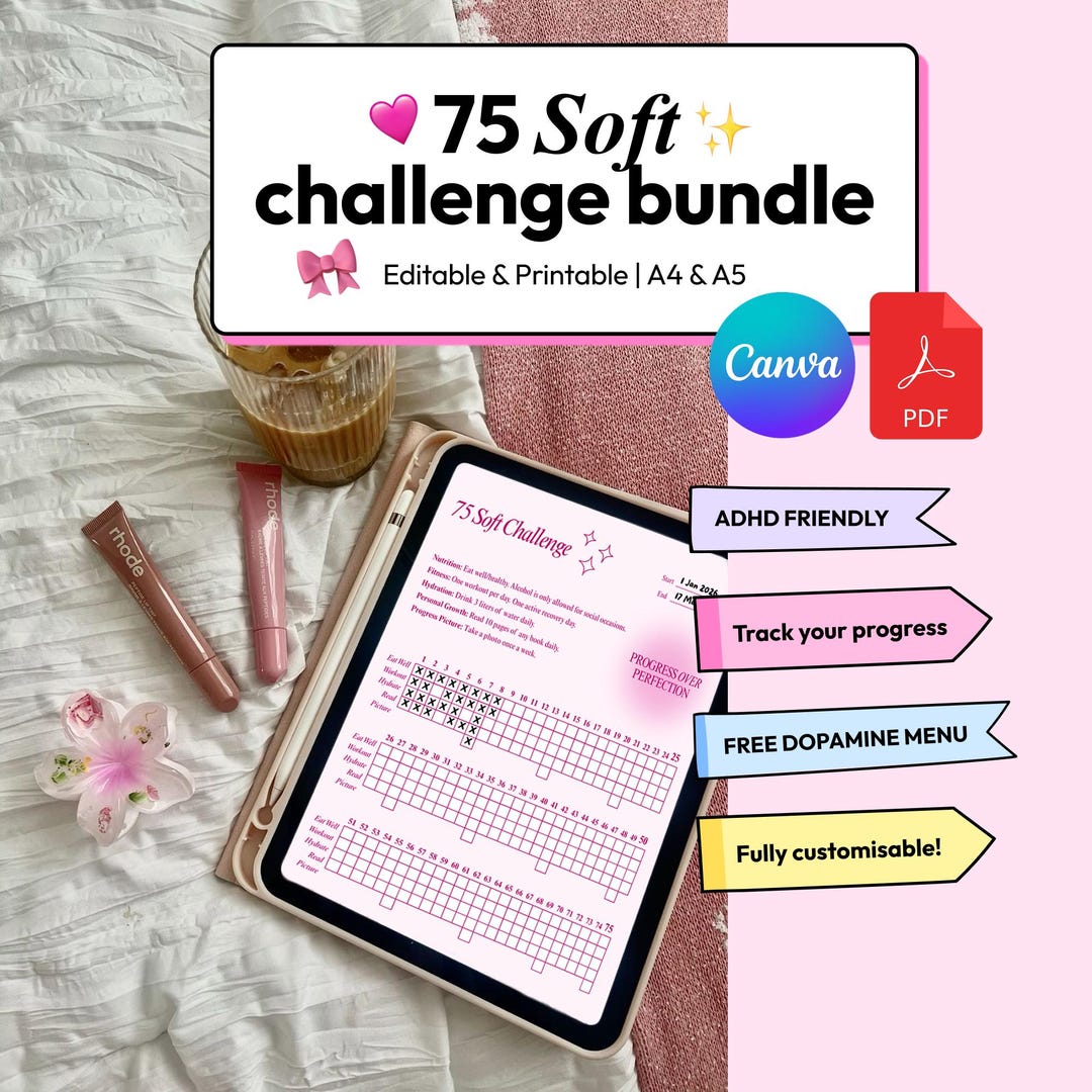75 Soft Challenge Bundle | ADHD Daily Planner Printable | Dopamine Menu ...