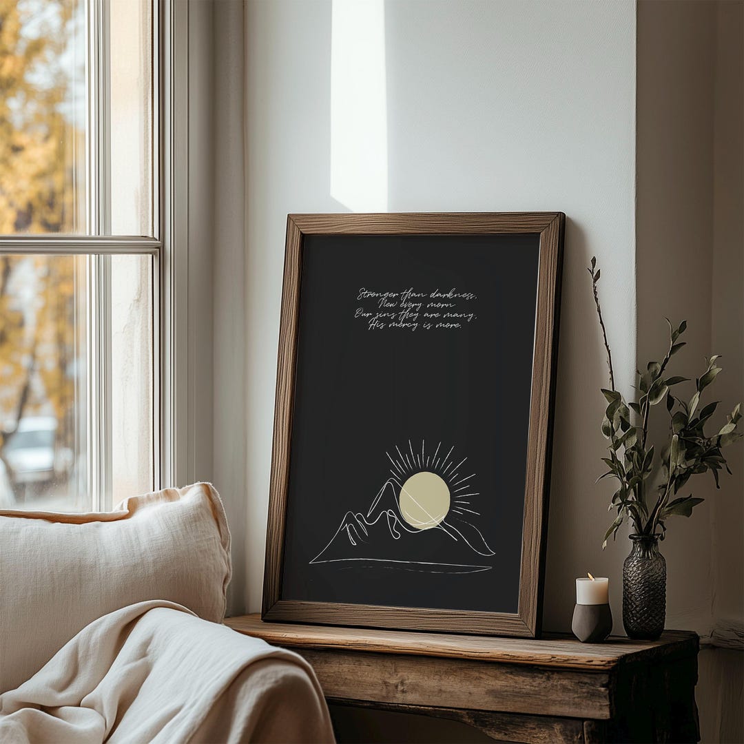 Christian Hymn Art Print, His Mercy is More: Mountain Sunrise Line Art ...