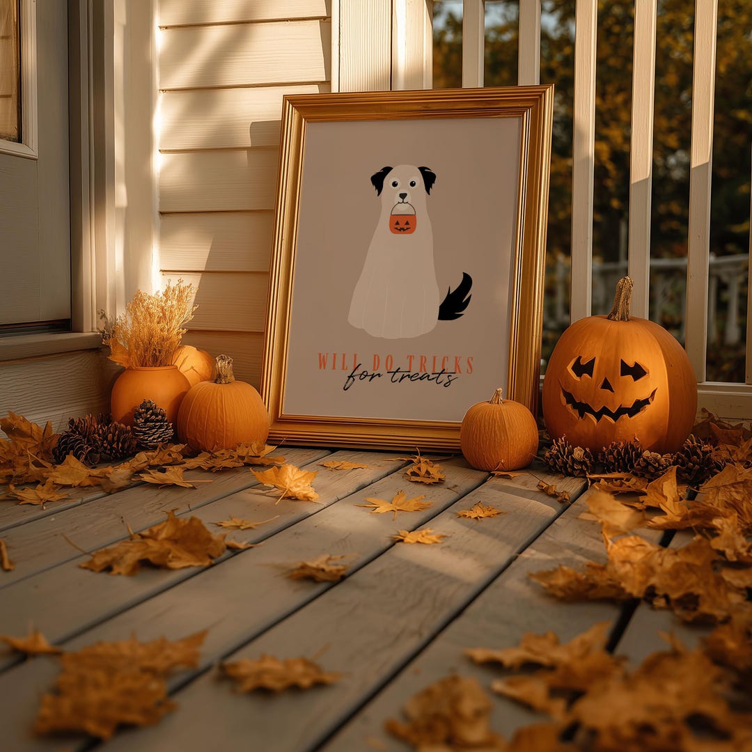 Trick or Treat Halloween Dog Art Print – Cute Ghost Costumed Pup Wall ...