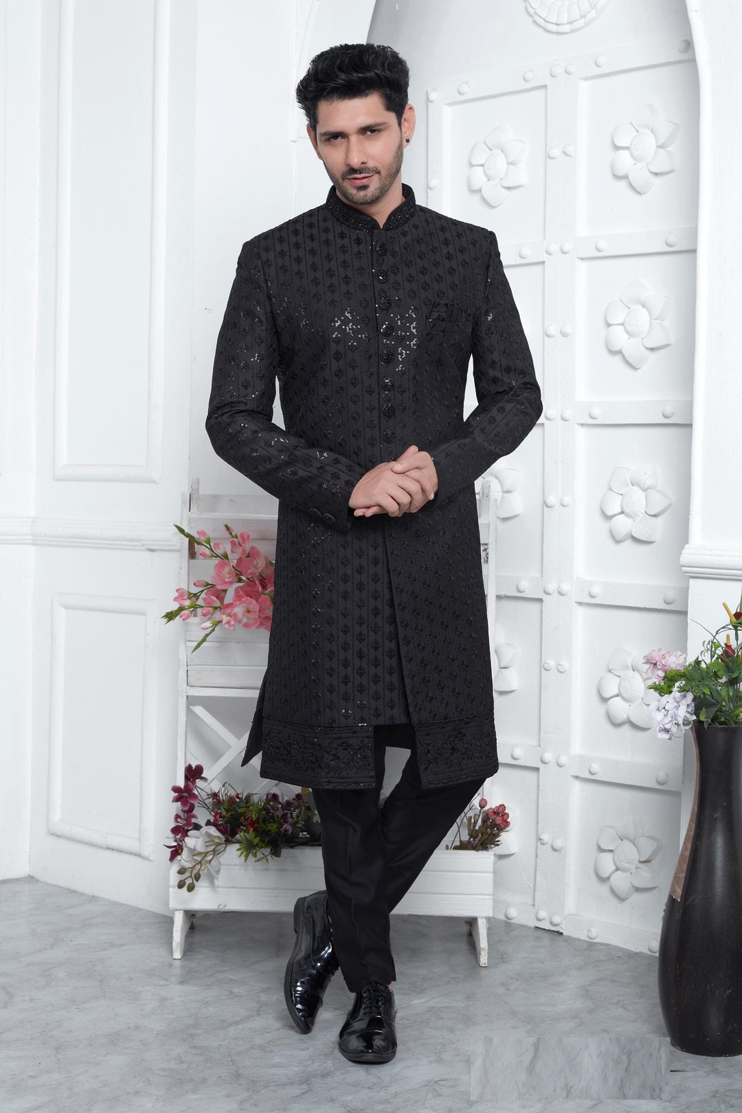 Gorgeous Black Designer Velvet Silk Men's Wear Kurta Set, Men ...