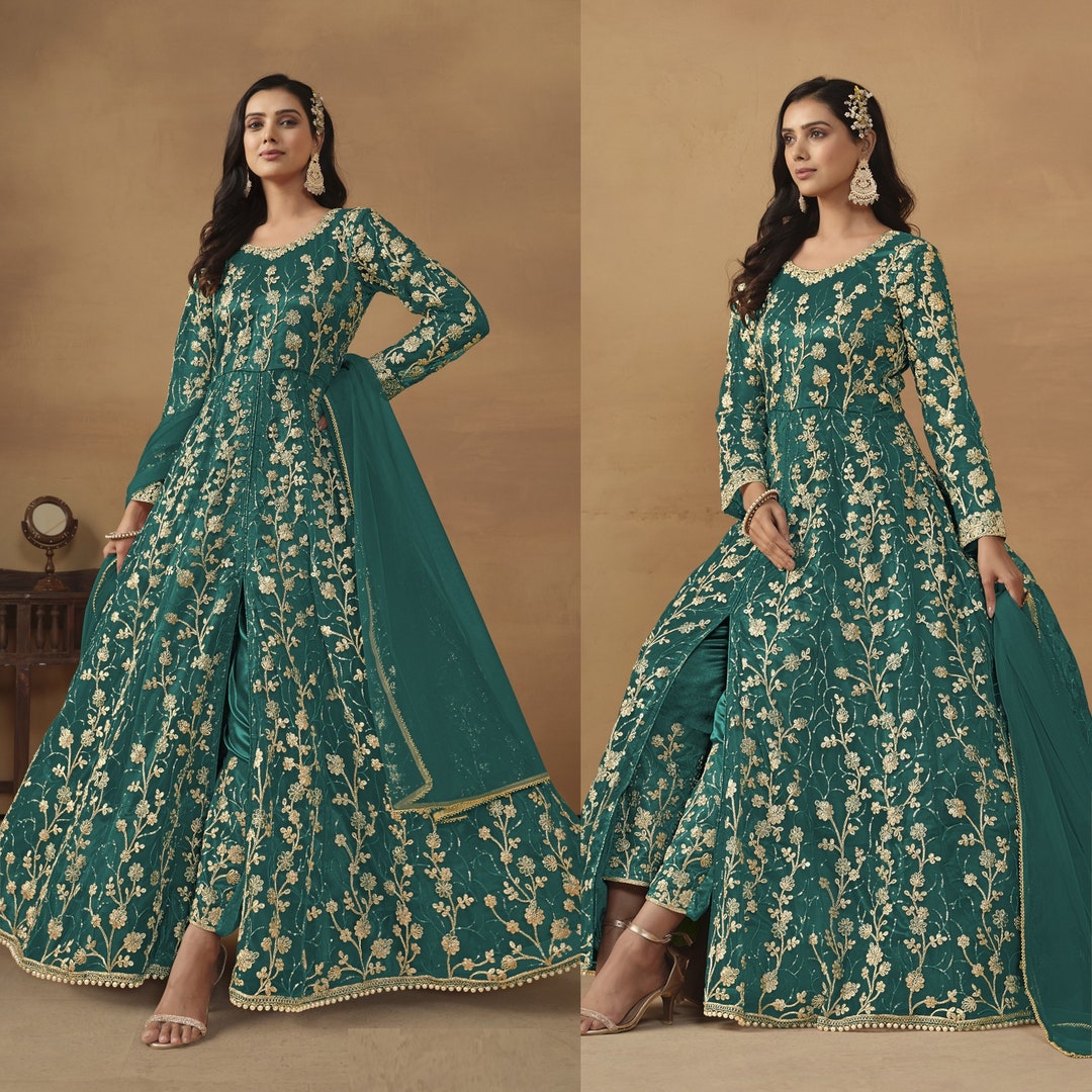Bottle Green Colored Heavy Net Salwar Suits, Dull Santoon Bottom With ...