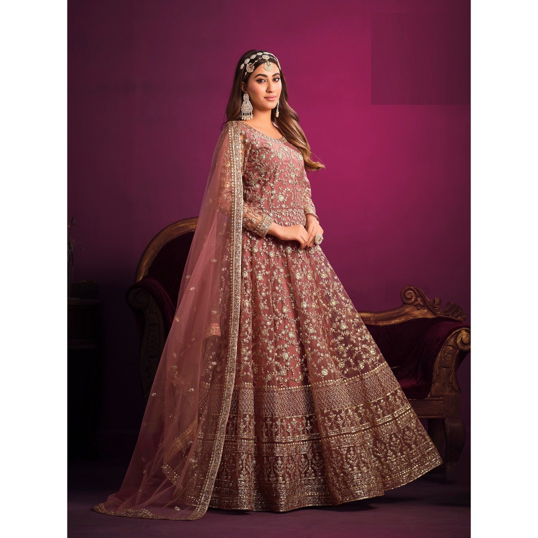 Gorgeous Peach Color Net Anarkali Gown With Designer Dupatta Pakistani ...