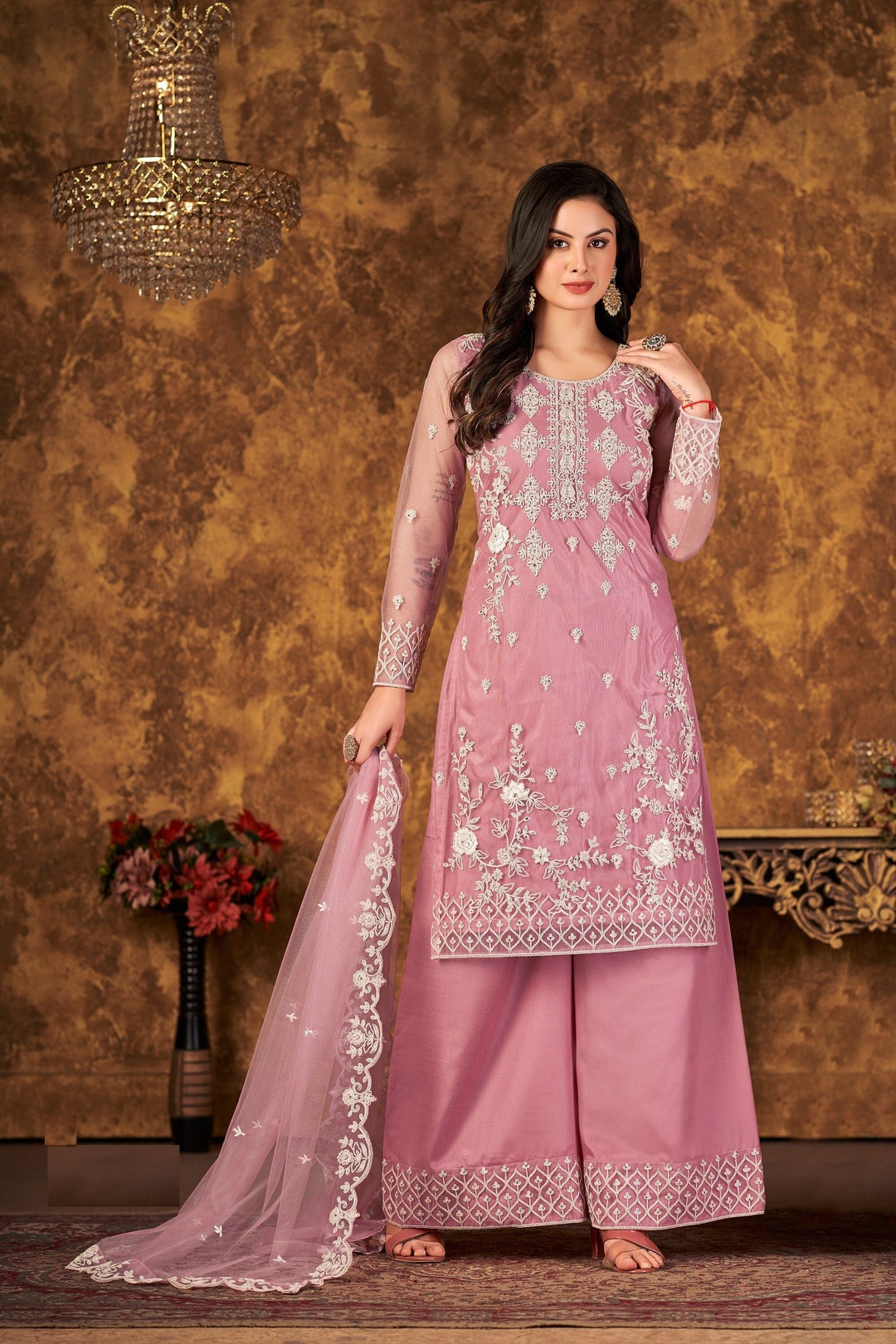 Women Wear Fascinating Baby Pink Colour Net Salwar Suit With - Etsy