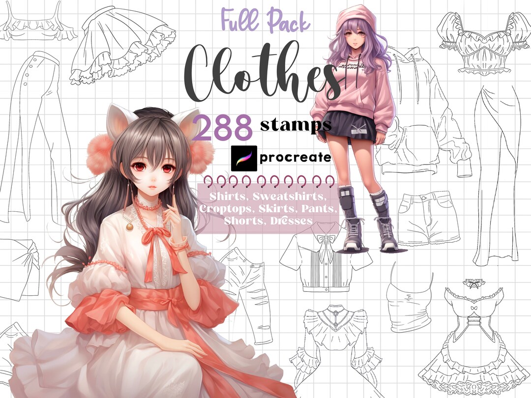 Procreate Clothes Stamps Brushes 288 Anime Clothing Procreate Dress ...