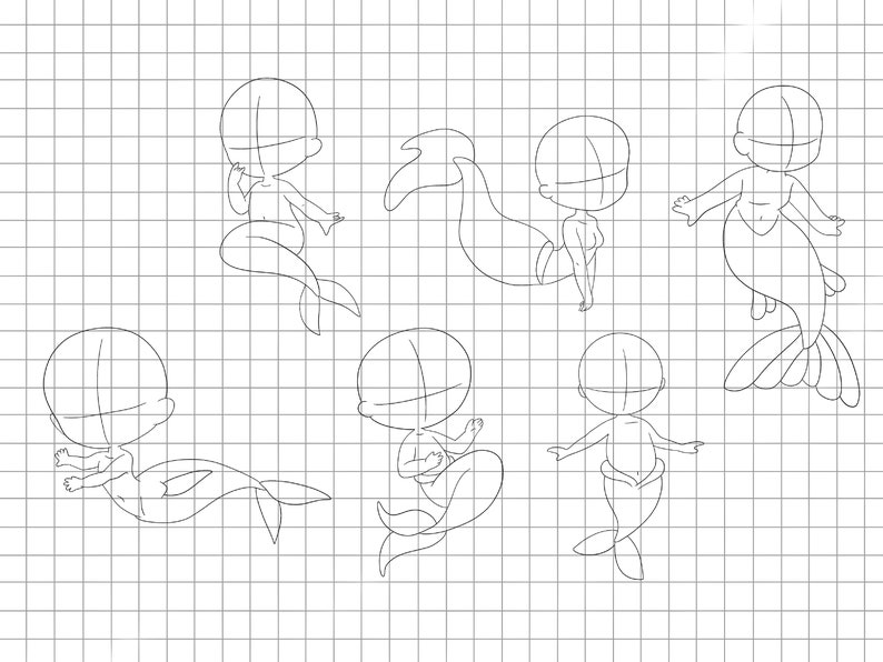 Pinceles para sellos con poses de sirena chibi de Procreate 15 poses de ...