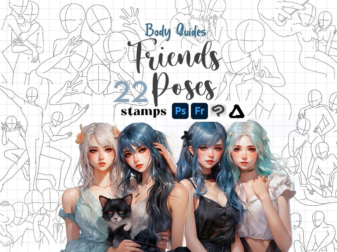 Photoshop Anime Group Poses Stamp 22 Friends Clip Studio Paint Fresco ...