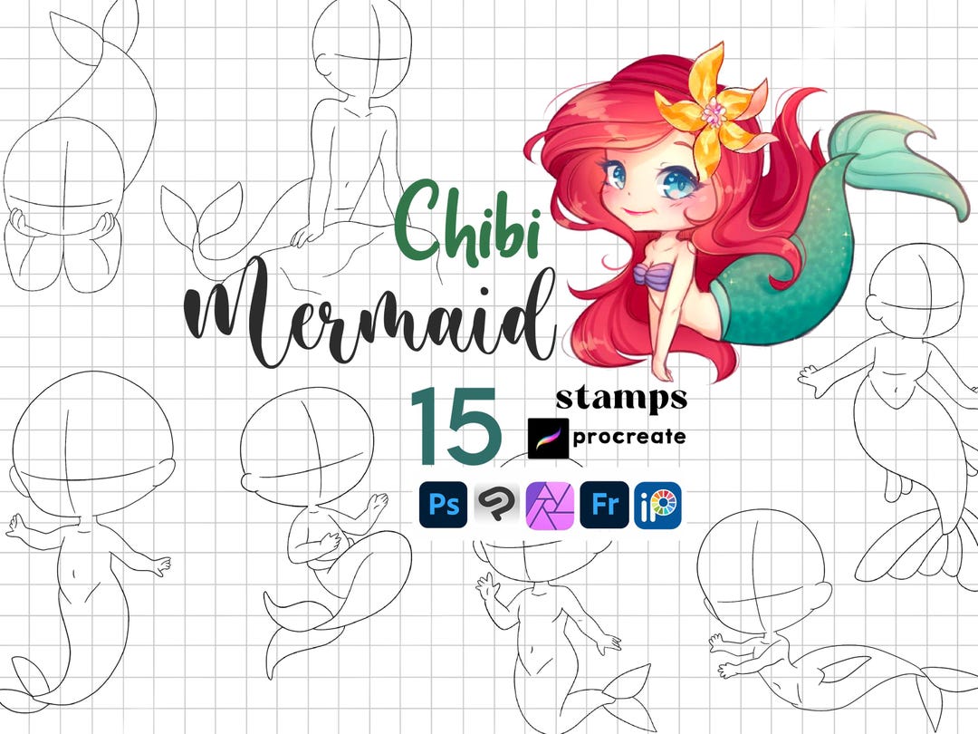 Procreate Chibi Mermaid Stamp Chibi ABR Stamps Photoshop Chibi Pose Maker Clip Studio Paint ...