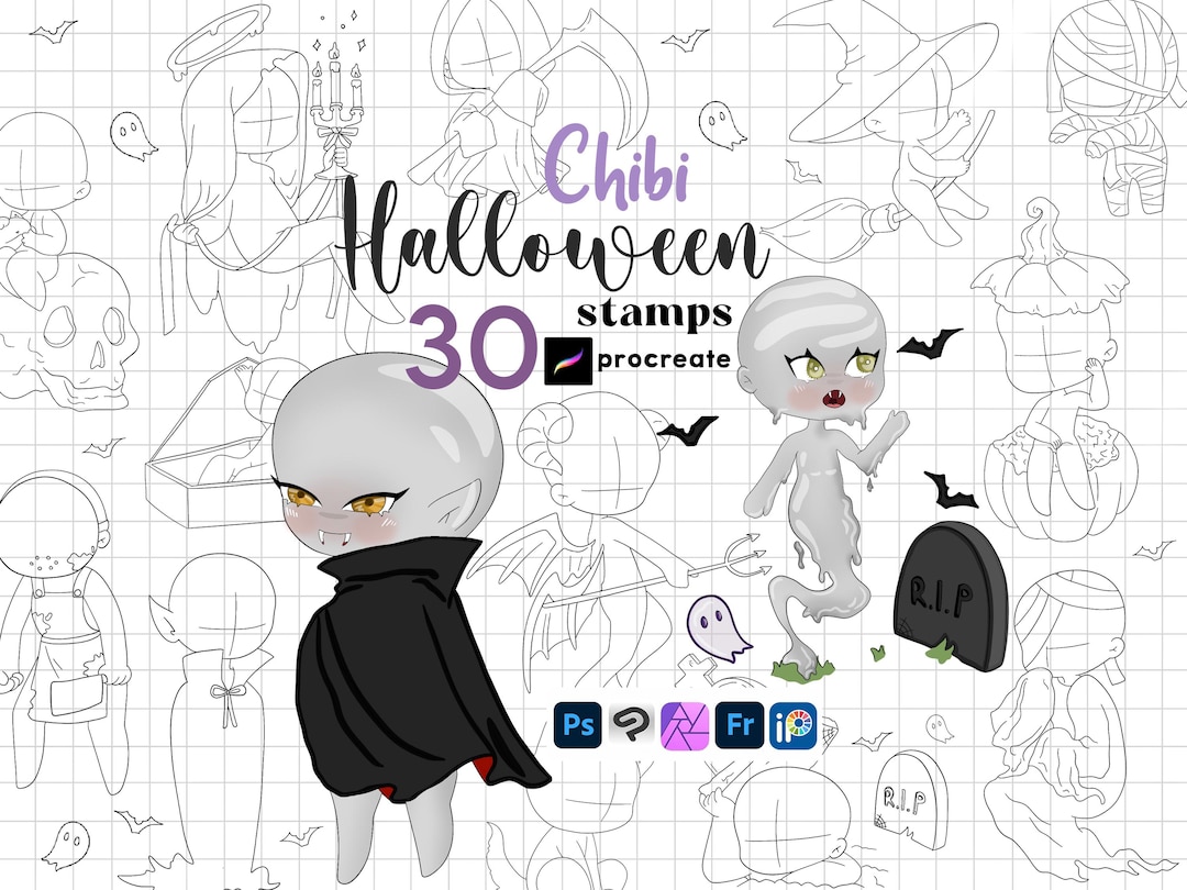 Procreate Chibi Halloween Stamp - Kawaii Horror Base ABR Photoshop Clip ...